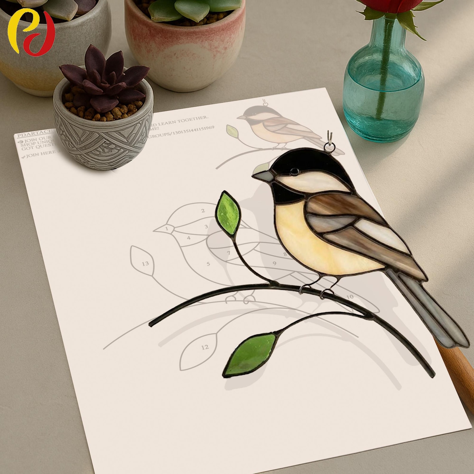 PDACE776 Chickadee Stained Glass Pattern PDF, Bird on Branch Suncatcher ...
