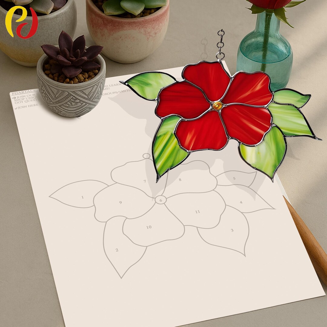 PD 80 Hibiscus Red Flower Stained Glass Mothers Day Gift, Gift, Stained ...