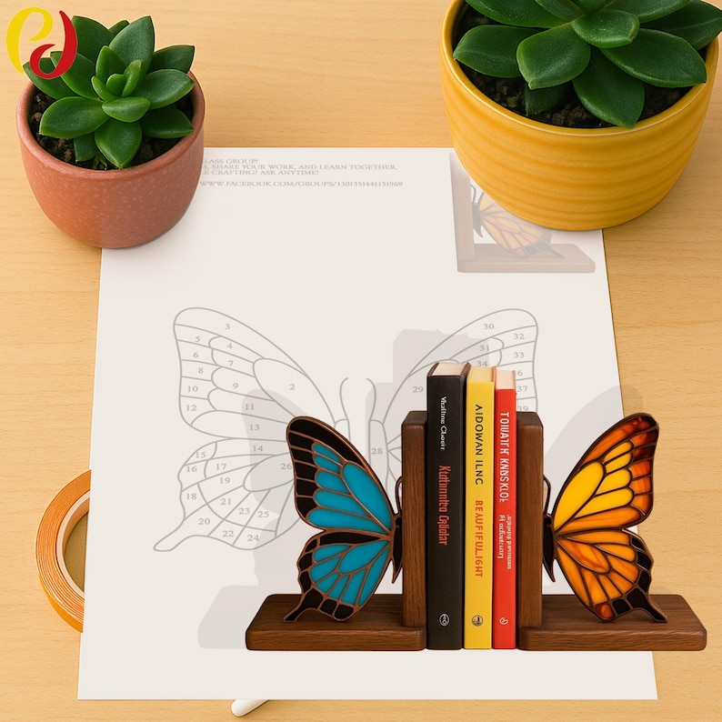 PDACE492 Butterfly Stained Glass Bookends Pattern, Blue & Orange Glass ...