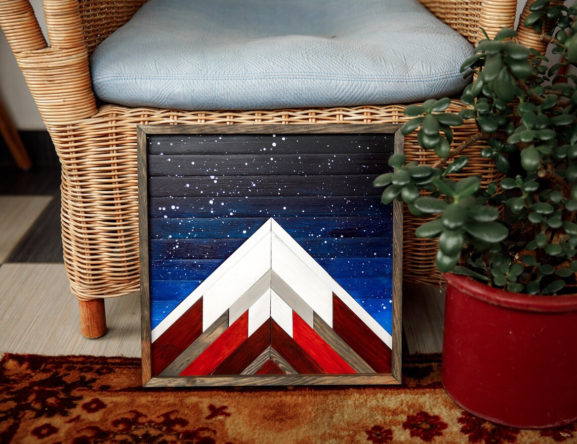 MOUNTAIN Wood Wall Art Geometric wood wall hanging Night sky | Etsy