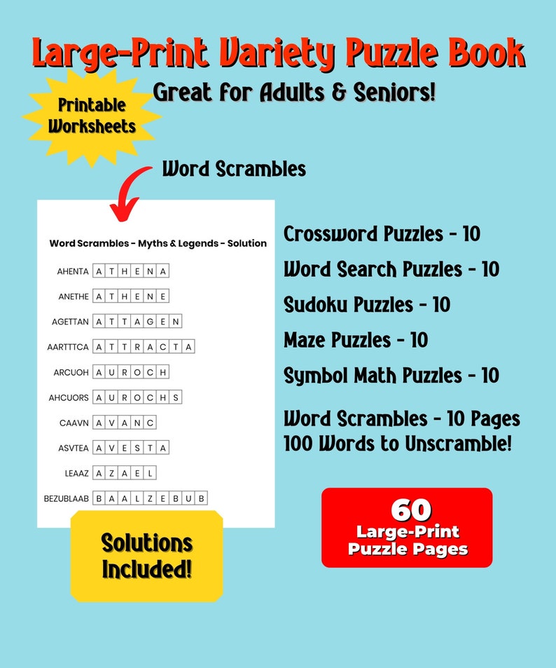Large-print Variety Puzzles Book for Adults - Etsy