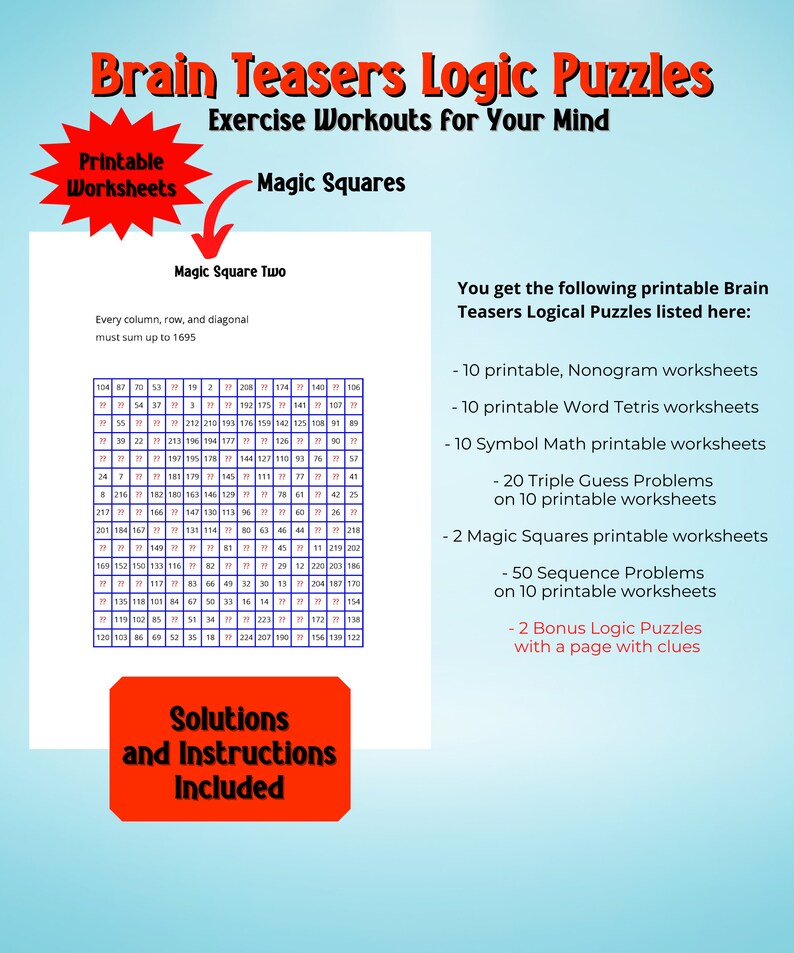 Brain Teasers Logic Puzzles, Exercise Workouts for Your Mind - Etsy