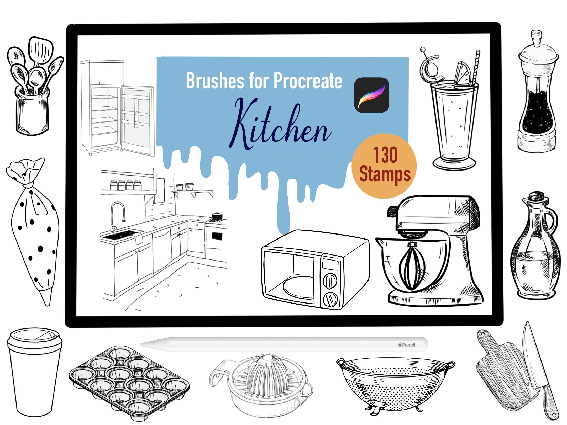 130 Kitchen Stamp Brushes for Procreate, Procreate Brushes, Nature ...