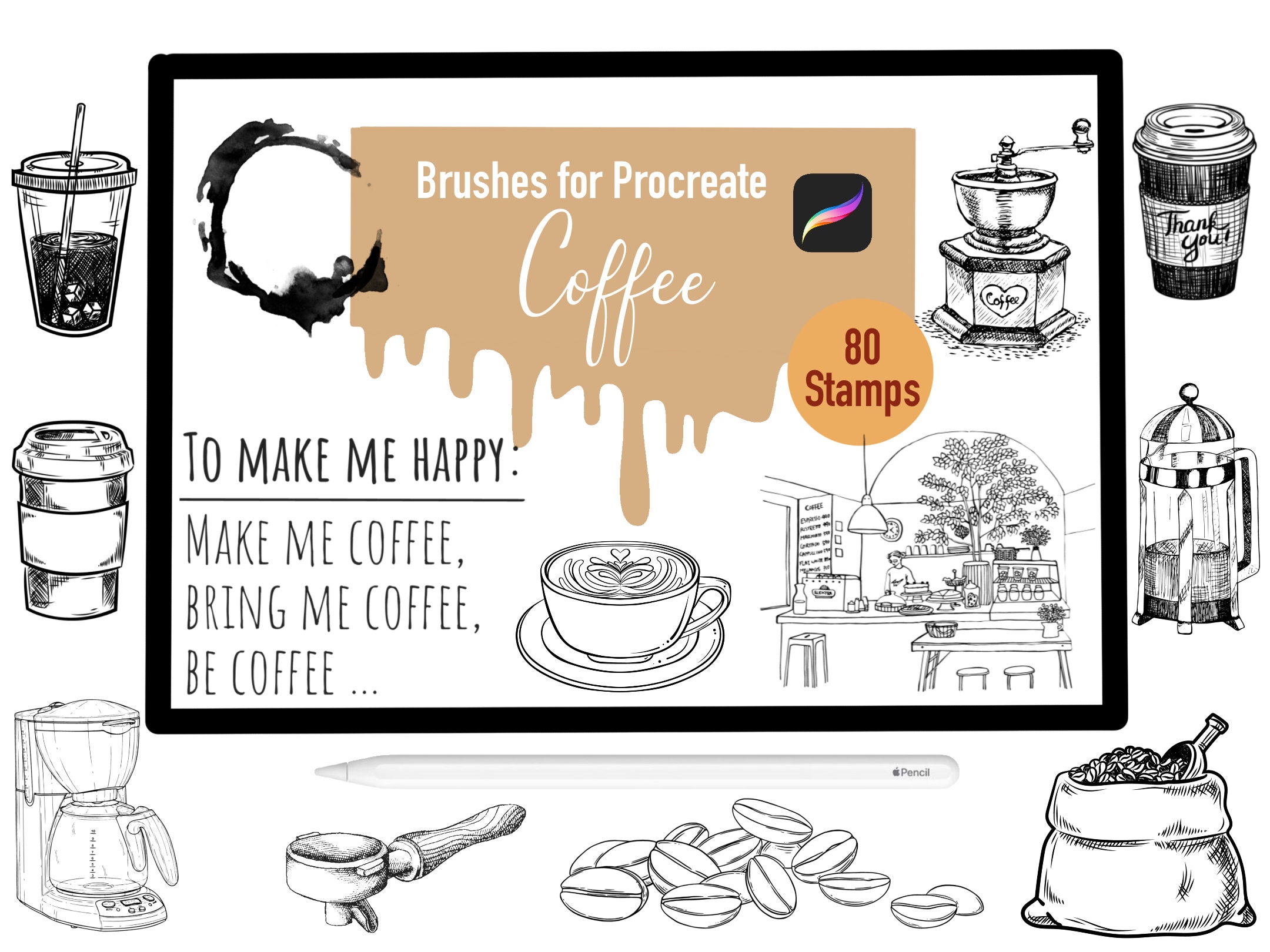 80 Coffee Stamp Brushes for Procreate, Procreate Brushes, Nature ...