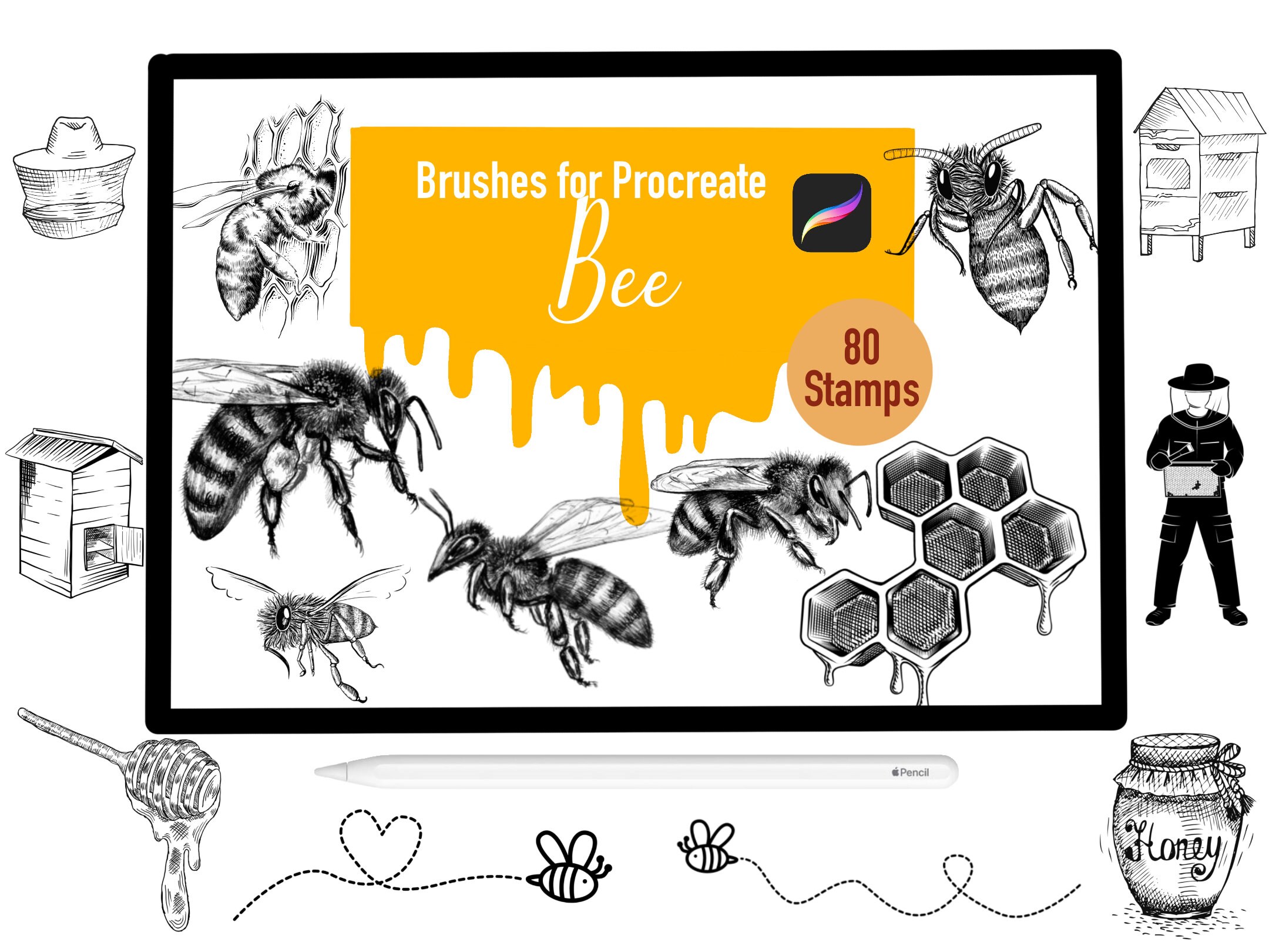80 Bee Stamp Brushes for Procreate, Procreate Brushes, Nature ...