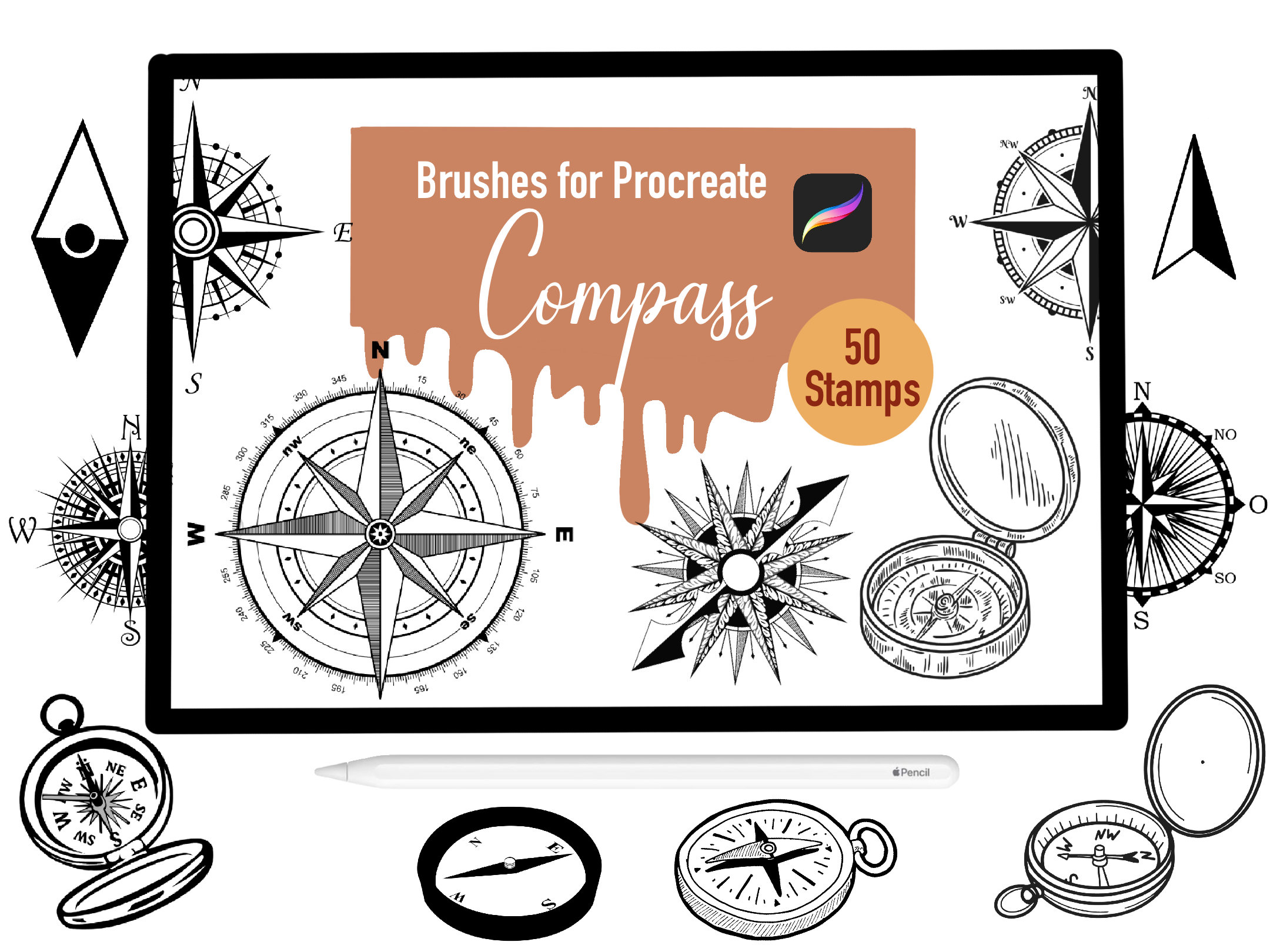 50 Compass Stamp Brushes for Procreate, Procreate Brushes, Nature ...