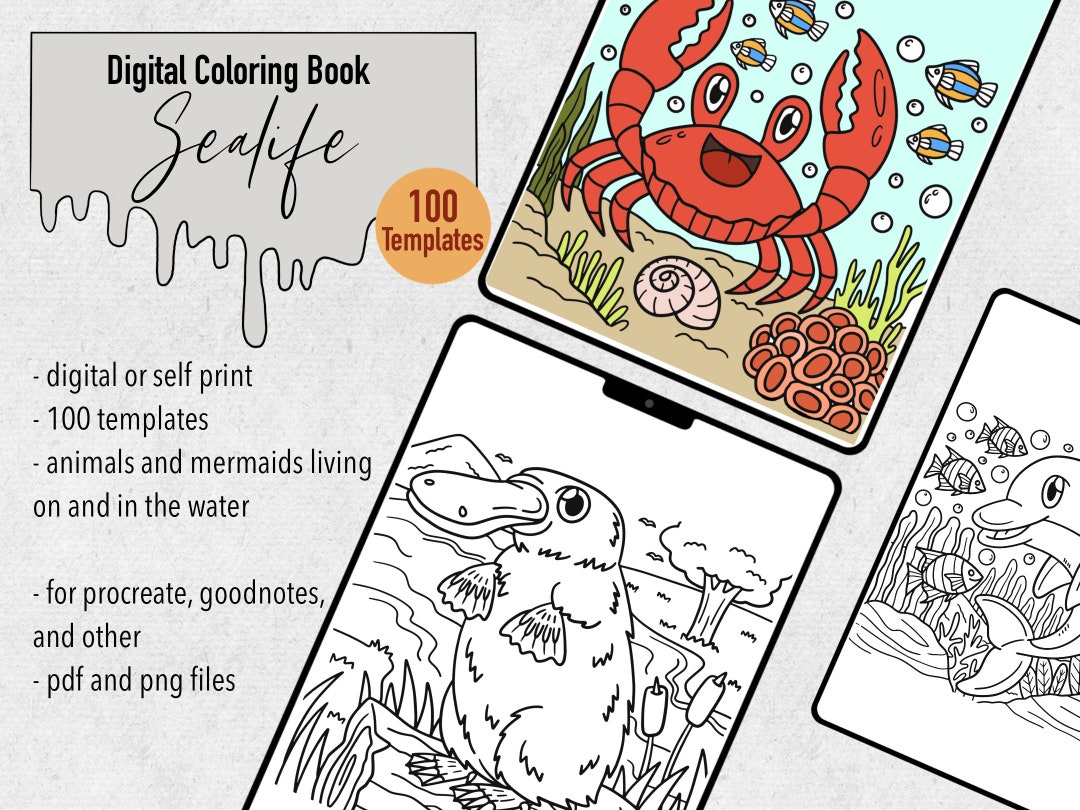 100 Sea Life Templates Digital Coloring Book for Adults and Kids ...