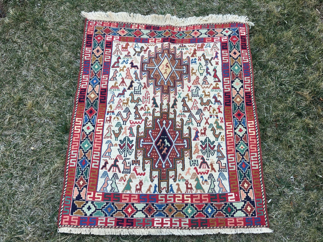 Sumac Rug, Animal Figures Rug, Soumak Rug, Handmade Area Rug, Wool Rug ...