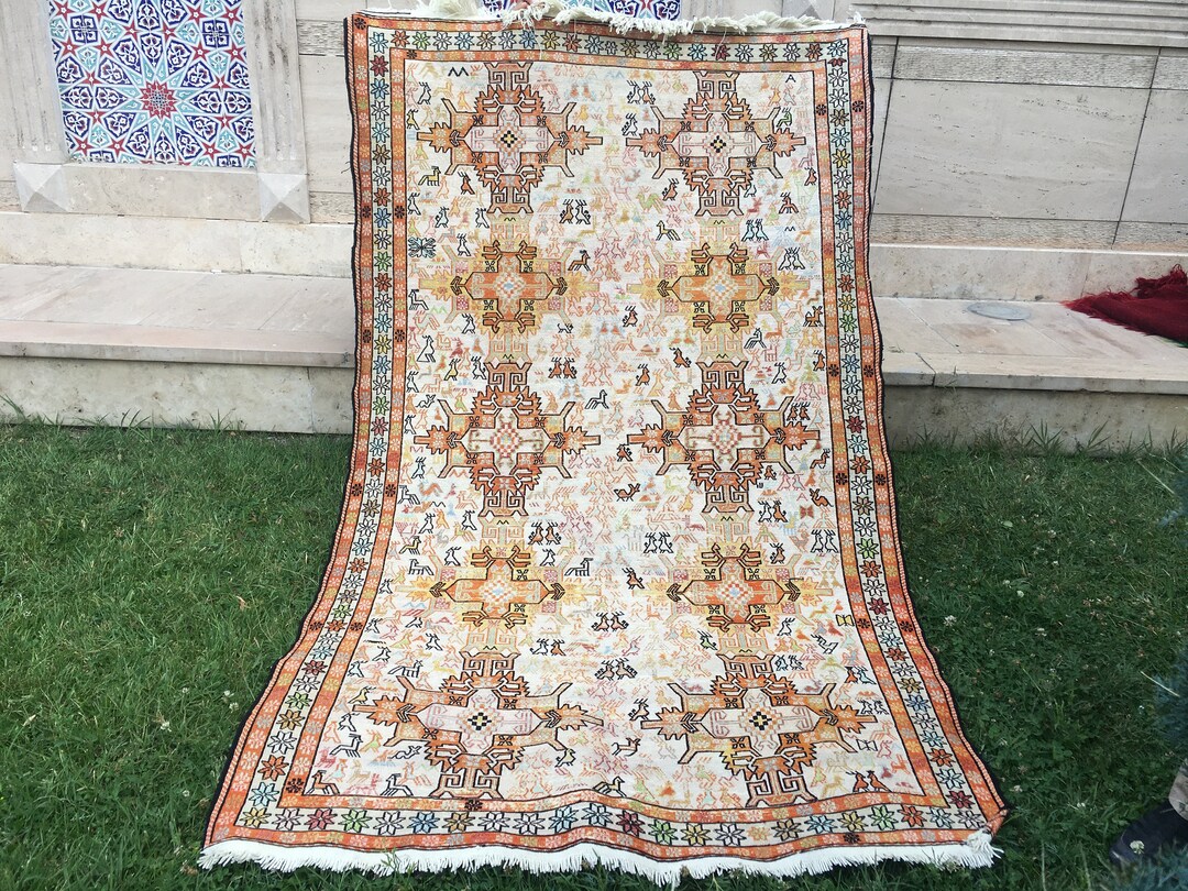 Orange Area Rug, Soumak Silk Rug, Sumac Rug, Turkish Kilim Rug, Large ...