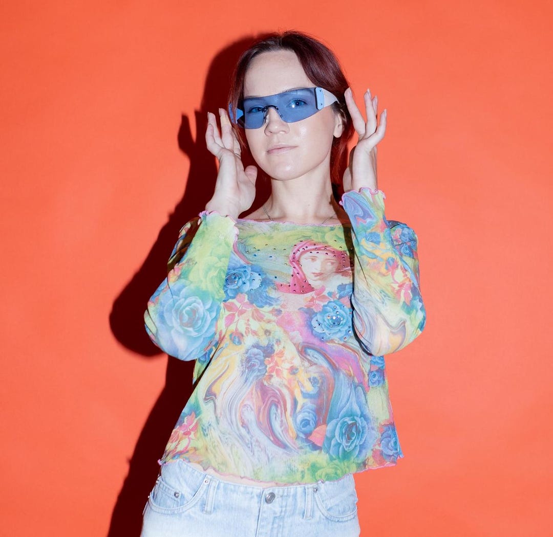 Vintage Y2K Iconic Bejewelled Trippy Painting Mesh Top in Brights - Etsy