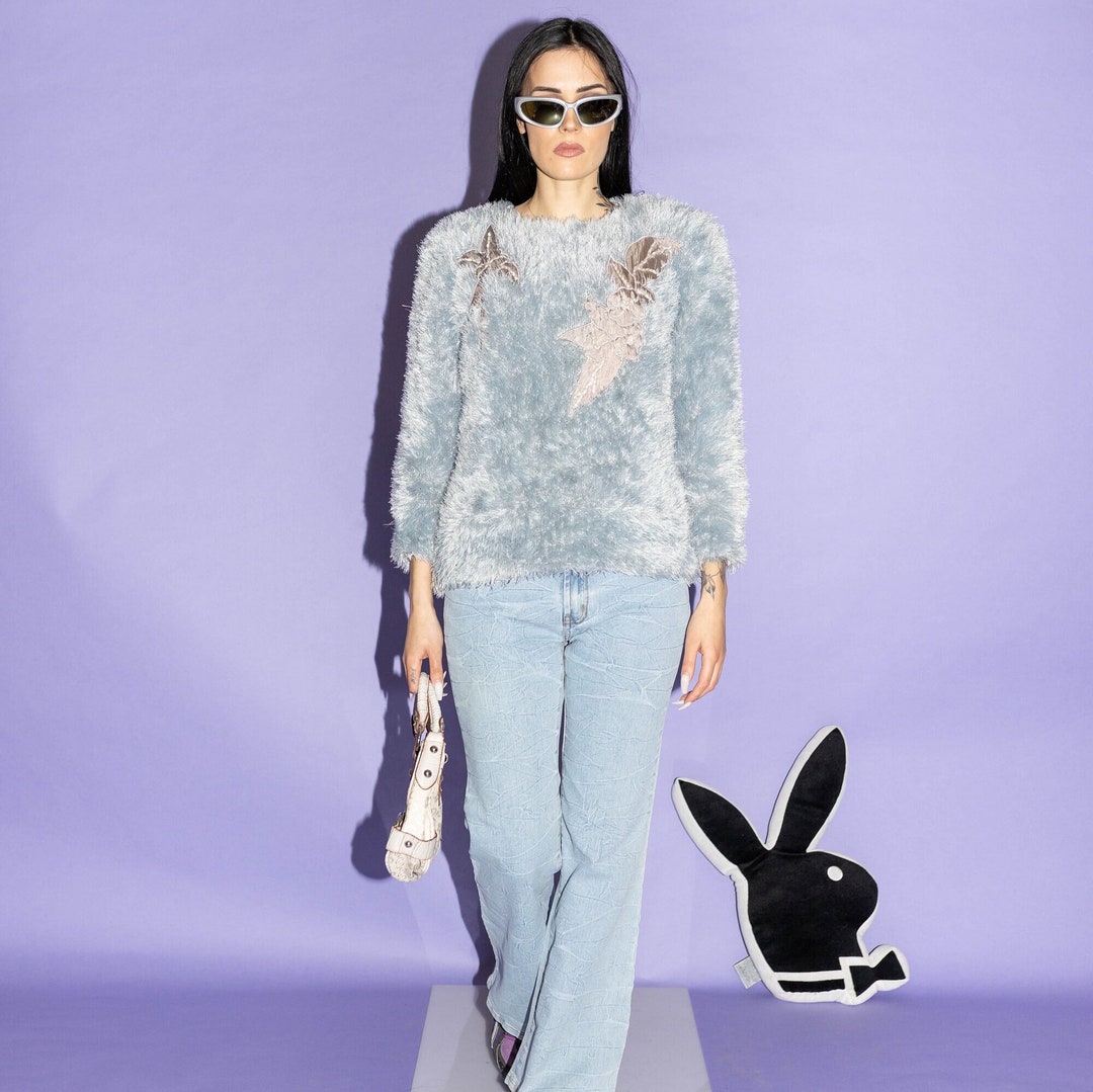 90's Vintage Cute Retro Floral Fluffy Jumper in Cool Blue - Etsy