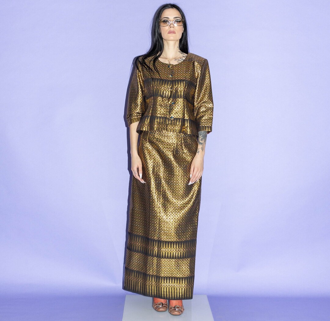 90's Vintage Glam Shiny Skirt Coordinates in Gold & Black - Etsy