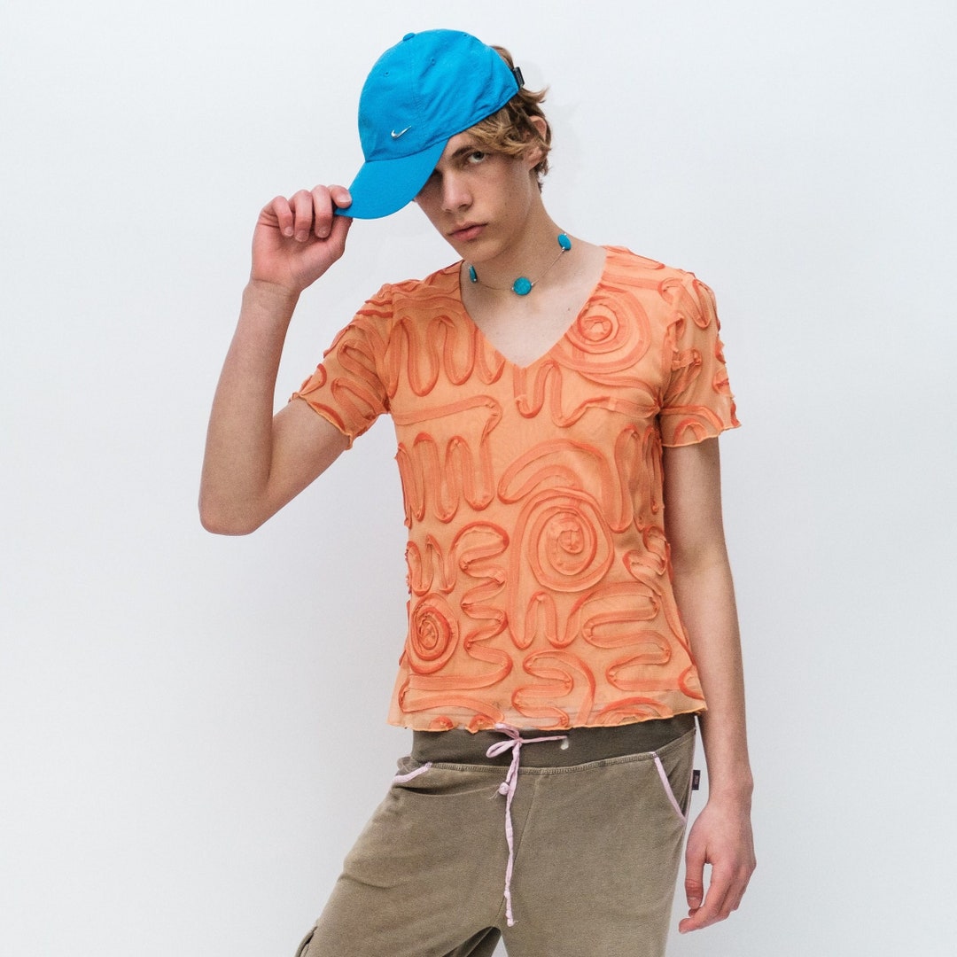 90's Vintage Swirly Pattern Mesh T-shirt in Tangerine Orange - Etsy