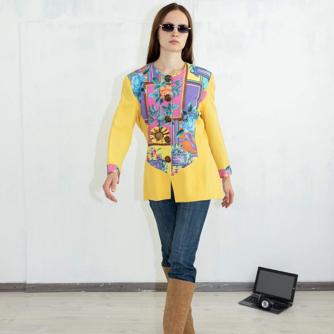 90's Vintage Sandro Chic Retro Floral Bright Blazer in Yellow - Etsy