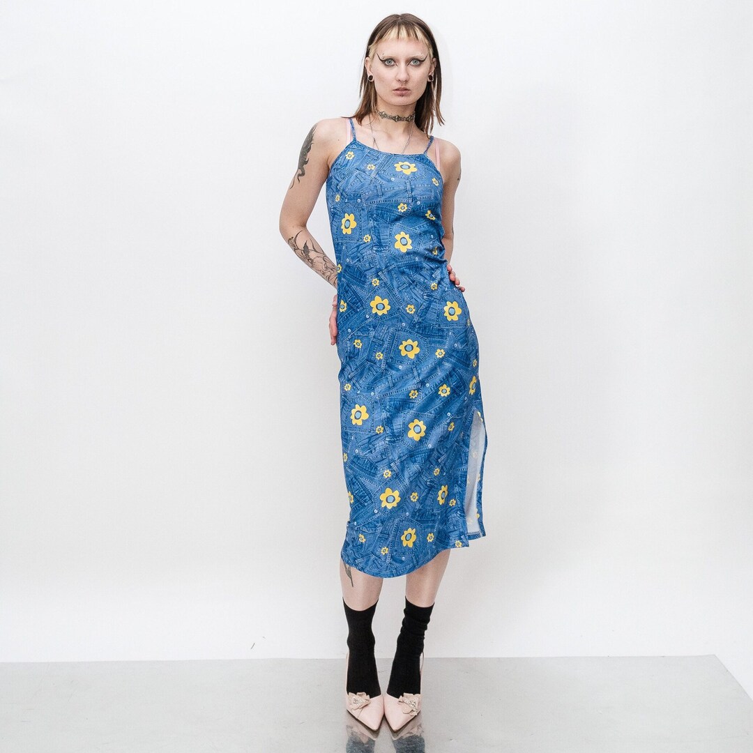 90's Vintage Whimsy Denim & Floral Print Sundress in Blue - Etsy