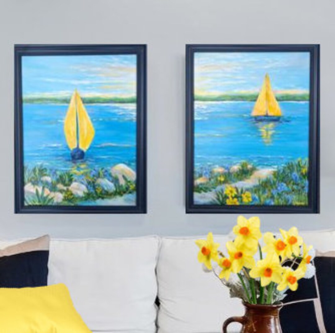 Original Pair of "yellow Sailboat" Paintings by Coastal Artist Lynne ...