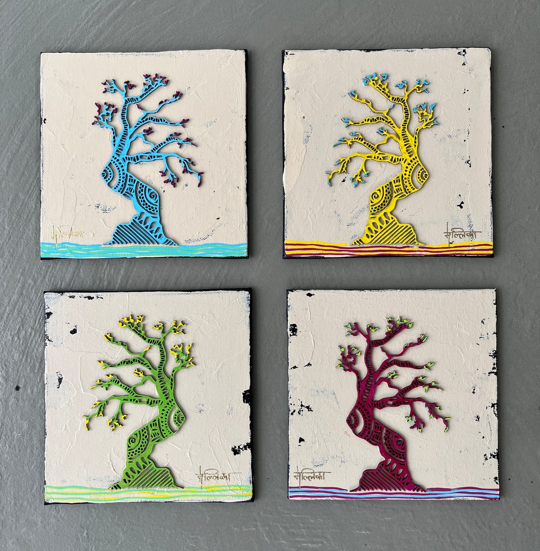 Set of 4, Abstract Wooden Tree Art, Original Painting, Eclectic Home ...