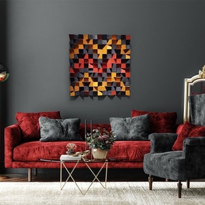 Wood Blocks Panel in Red, Sound Diffuser, Contemporary Eclectic Wall ...