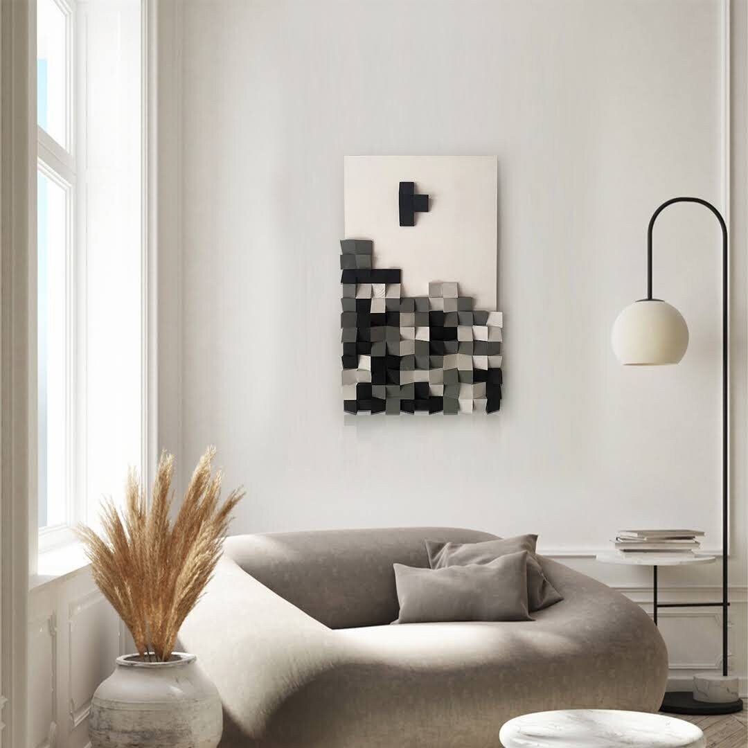 Tetris Wall Art, Wooden Blocks Tetris Art, Black White and Silver Wall ...