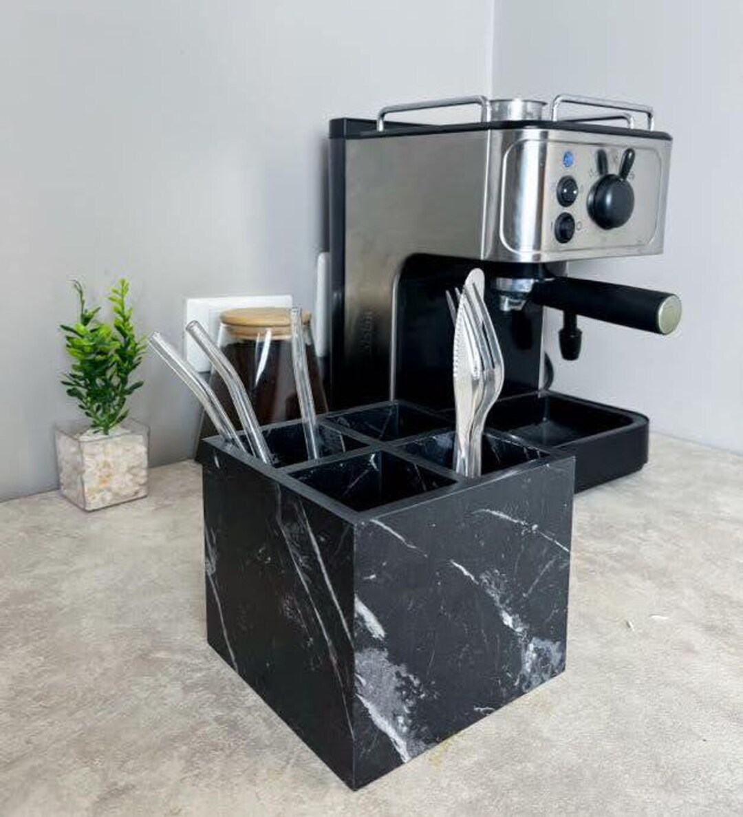 Black Square Marble Cutlery Holder, Utensils Holder, Silverware Holder ...