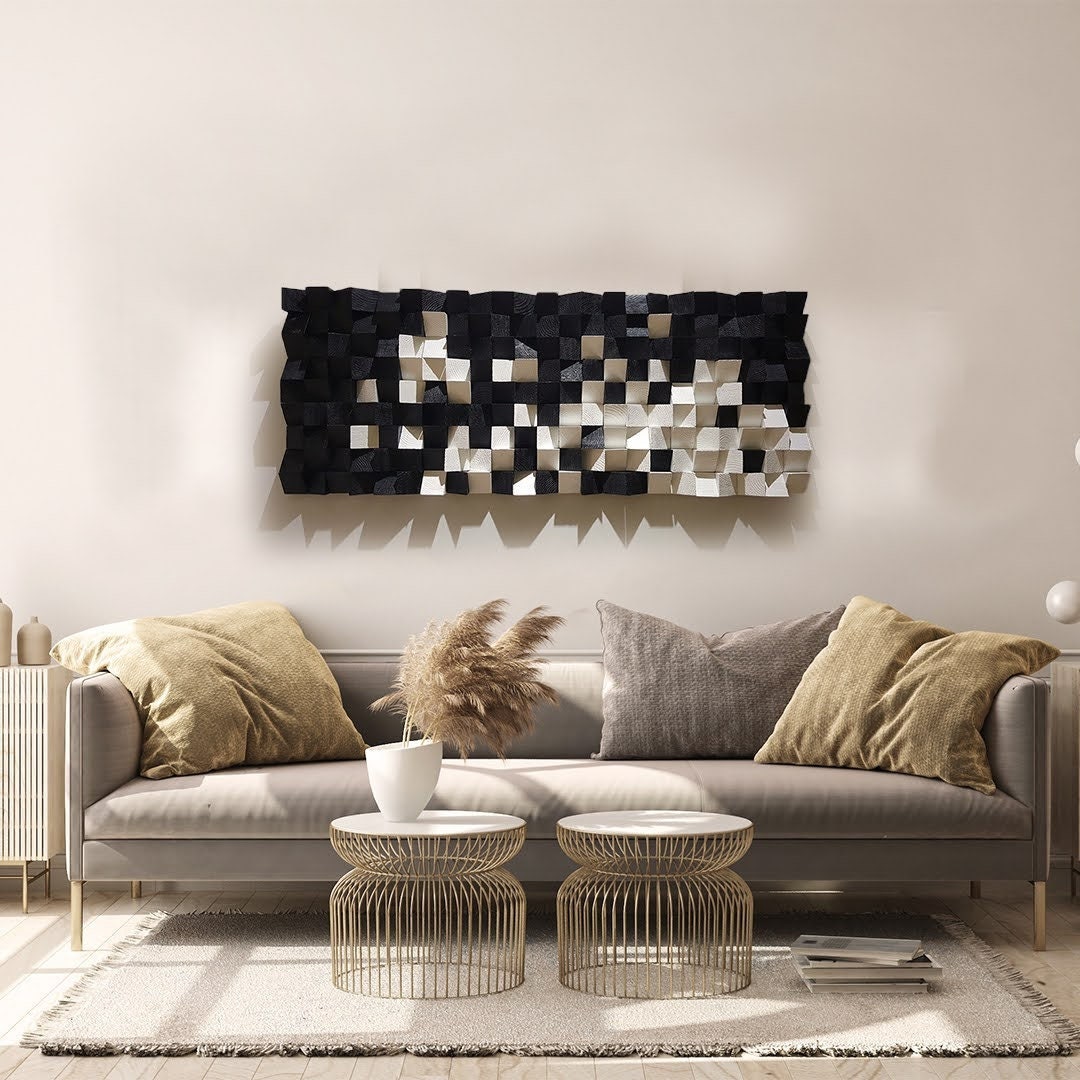 Black and White Sound Diffuser Wall Art, Reclaimed Wood Wall Mosaic, 3D ...