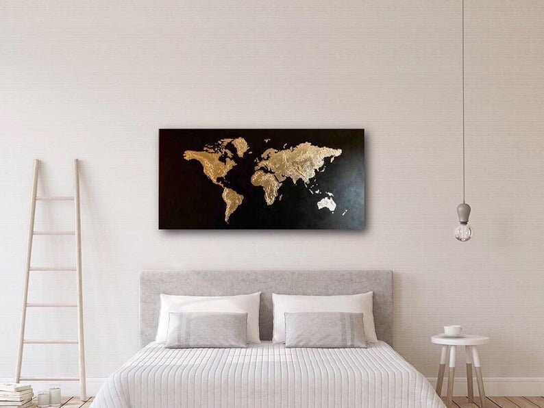 Gold Leaf World Map Gold Leaf Map Custom Gold Leaf World Map 3D Map ...