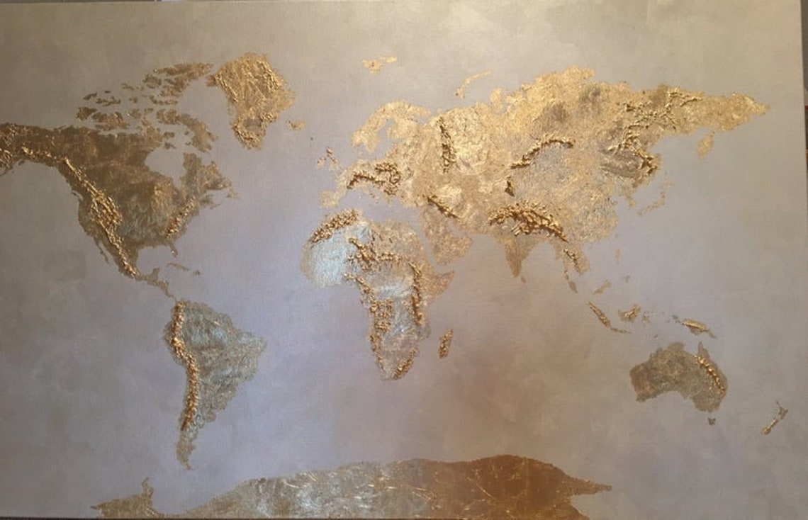 Gold Leaf World Map Gold Leaf Map Custom Gold Leaf World Map 3D Map ...