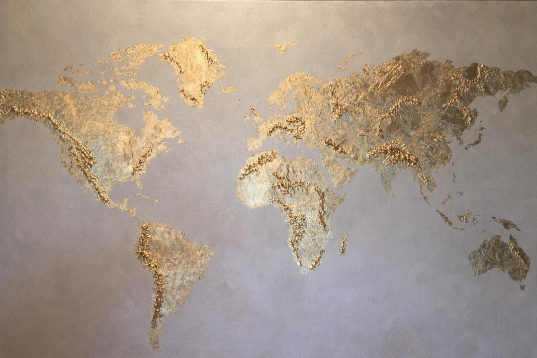 Gold Leaf World Map, 3D Textured Canvas Art Gold Leaf World Map Travel ...