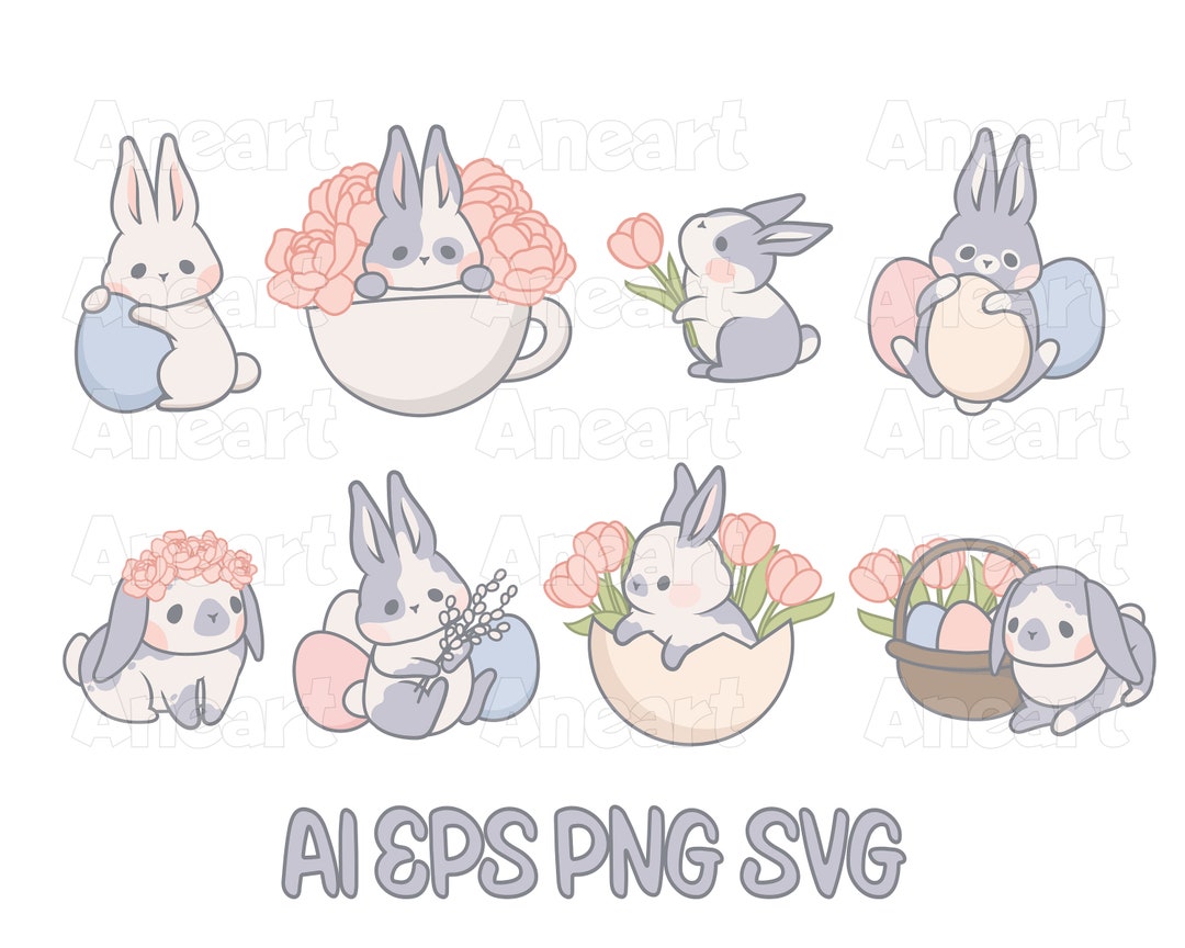 Cute Easter Bunny Clip Art, Bunnies With Flowers, Easter Png, Easter ...