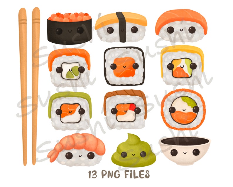 Kawaii Sushi Clip Art, Cute Sushi Png, Kawaii Food Clip Art, Asian Food ...