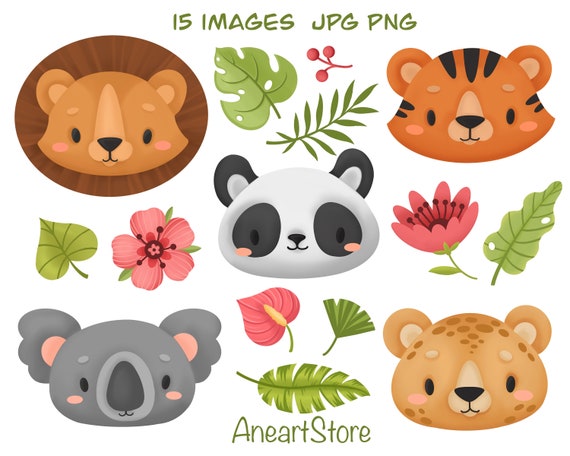 Safari Animals Clipart Animal Face Clipart Jungle Animals - Etsy