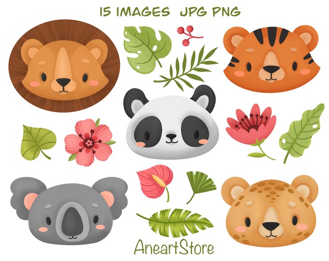 Safari Animals Clipart - Animal Face Clipart - Jungle Animals Clipart ...