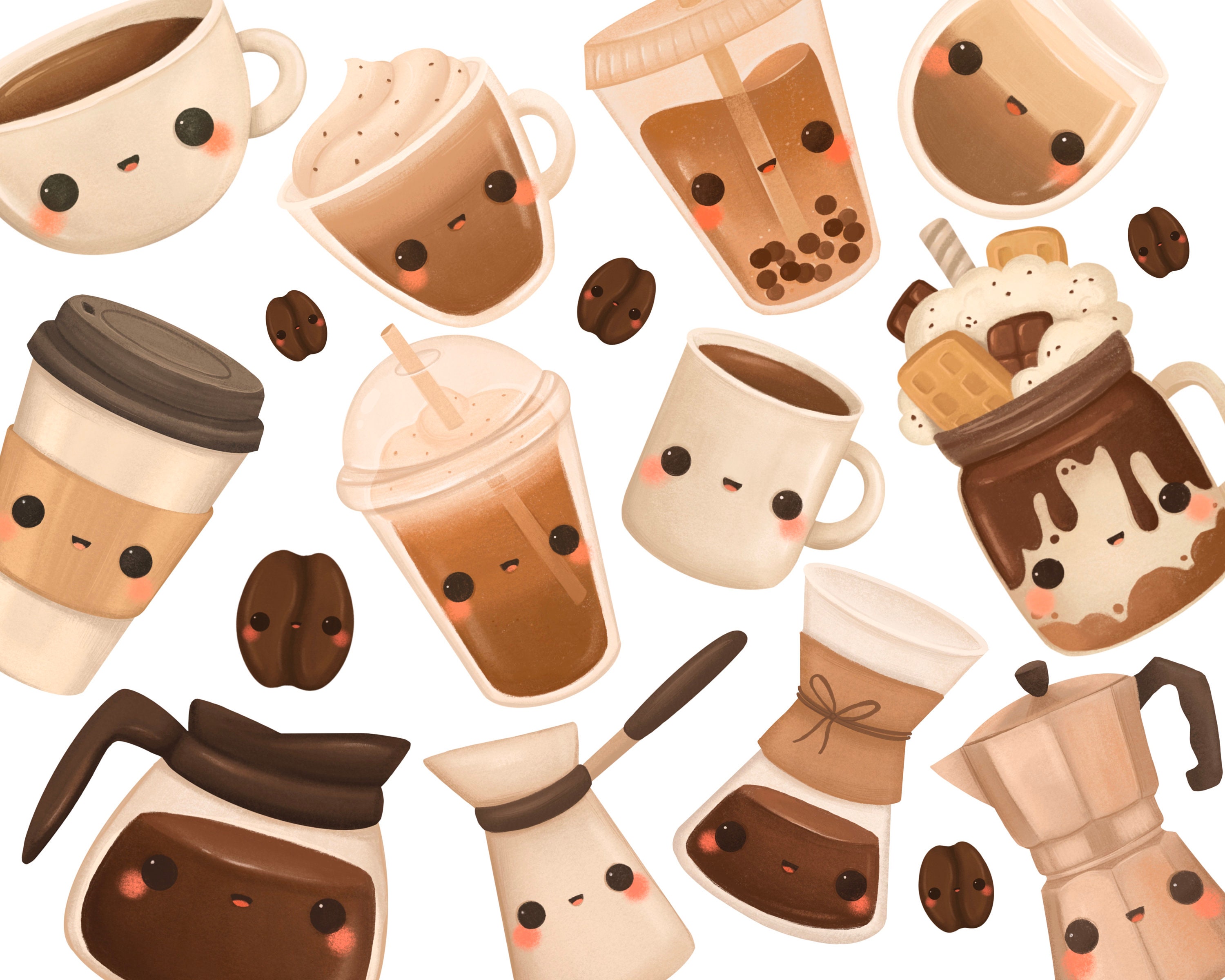 Cute Coffee Clip Art Set, Kawaii Coffee Clip Art, Coffee Cup Clip Art ...