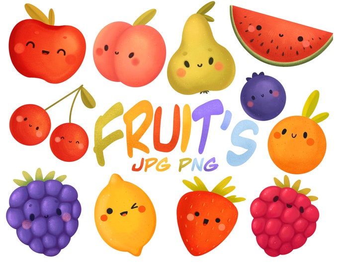 Fruits Clipart Kawaii Fruits Clipart Summer Fruit - Etsy