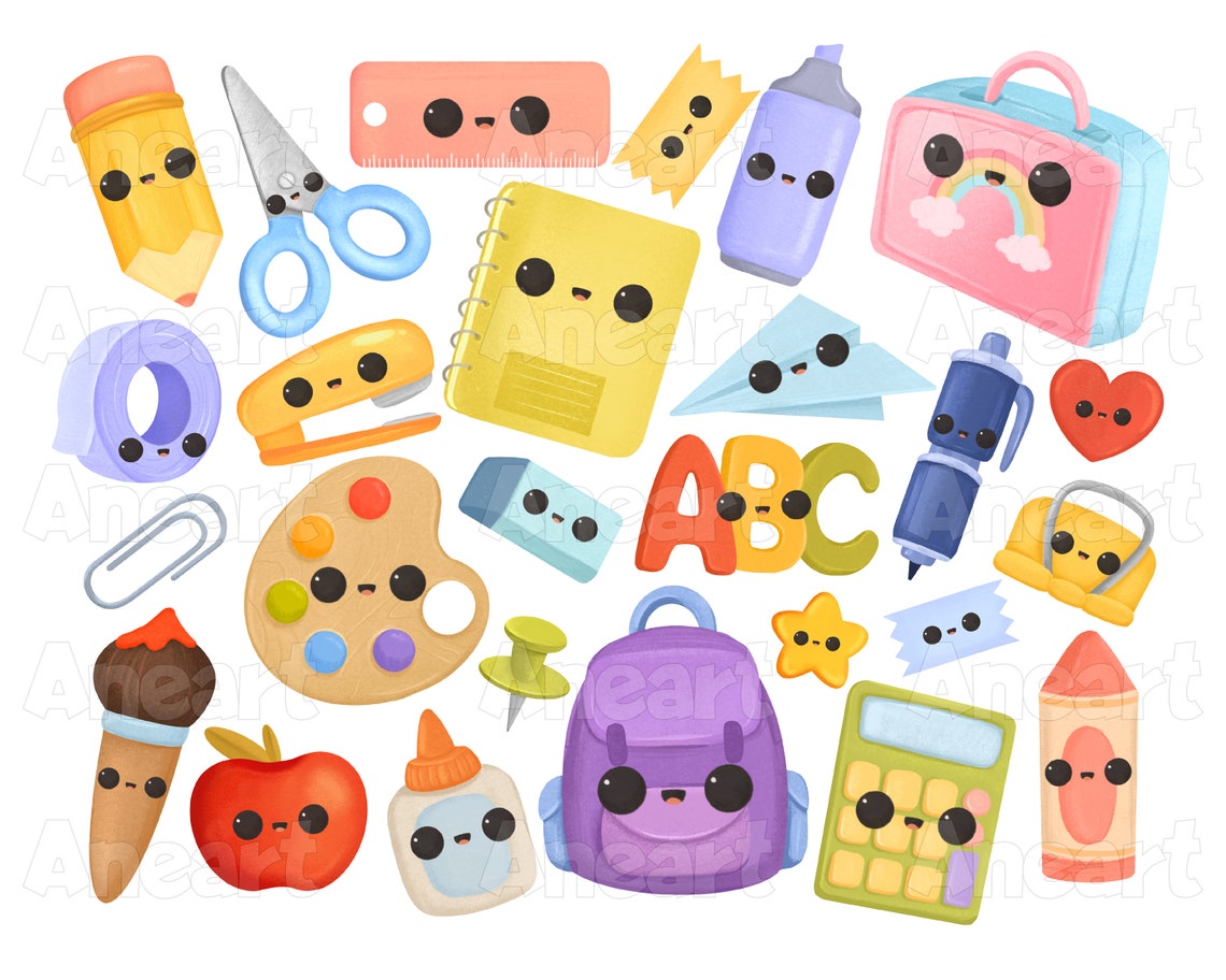 School Clip Art, Kawaii School, Back to School,cute School Supplies ...