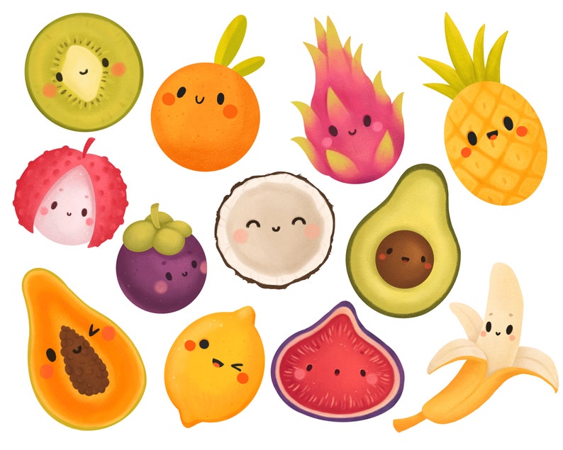 Tropical Fruit Clipart Summer Fruit Kawaii Fruit Clipart - Etsy