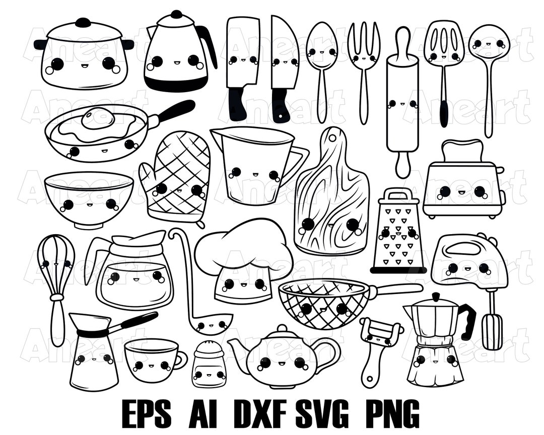 Kawaii Kitchen Clip Art, Kawaii Kitchen Svg, Kitchen Svg, Kitchenware ...