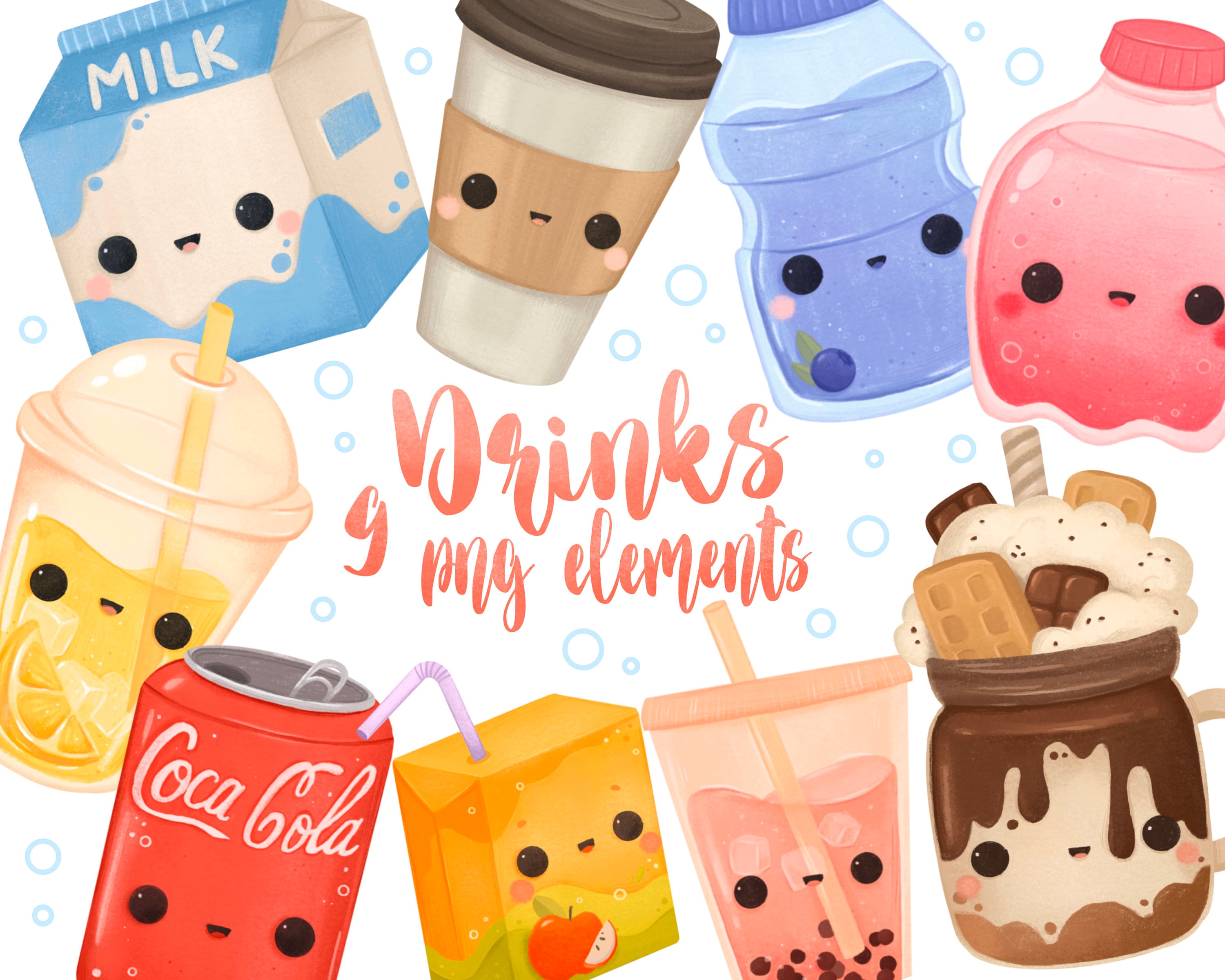 Cute Kawaii Drinks Clip Art, Food Clipart, Coffee PNG, Lemonade, Bubble ...