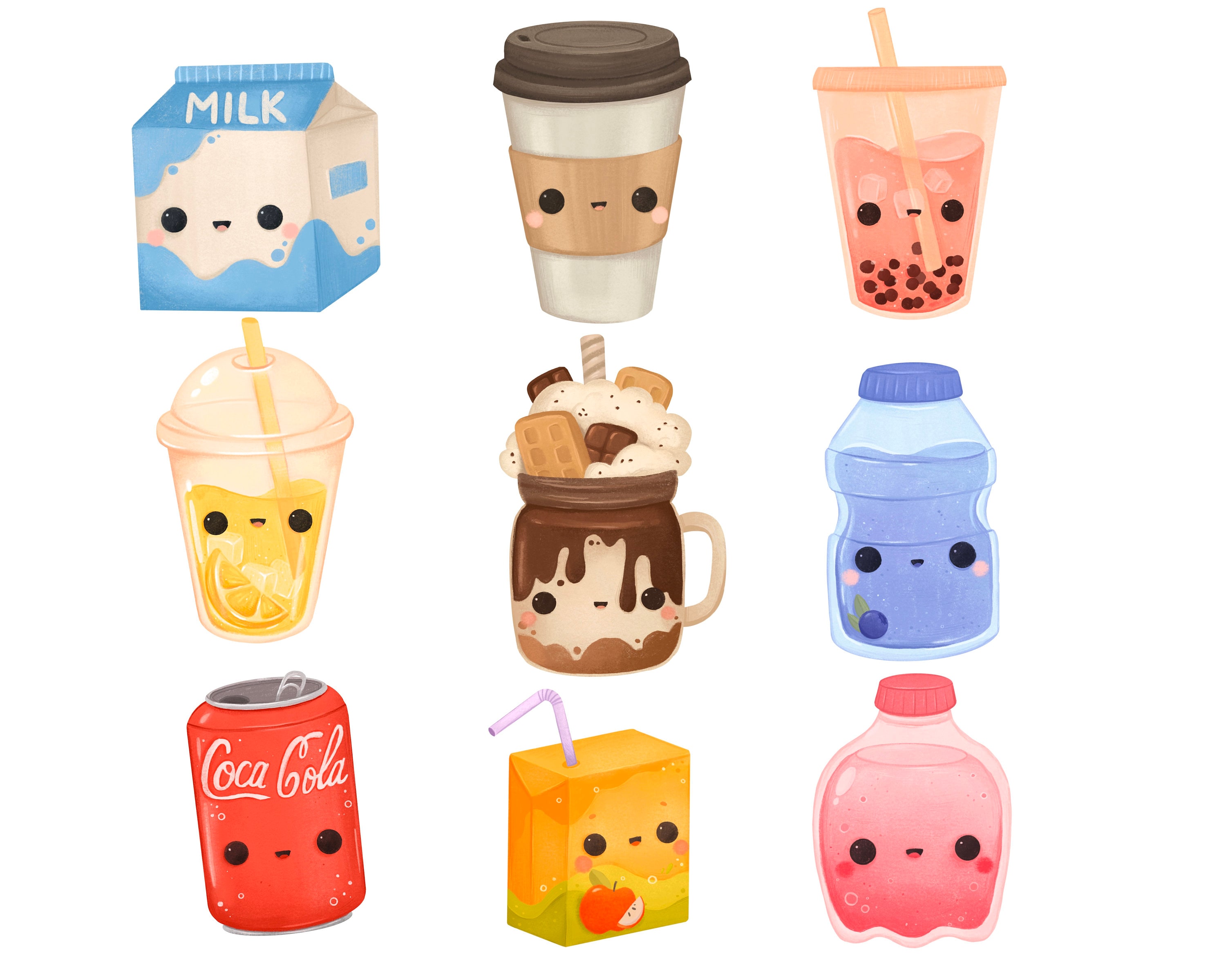Cute Kawaii Drinks Clip Art, Food Clipart, Coffee PNG, Lemonade, Bubble ...