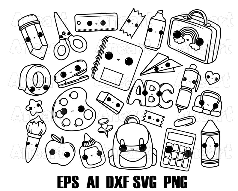 School Clip Art, Kawaii School Svg, School Supplies Svg, Stationery ...
