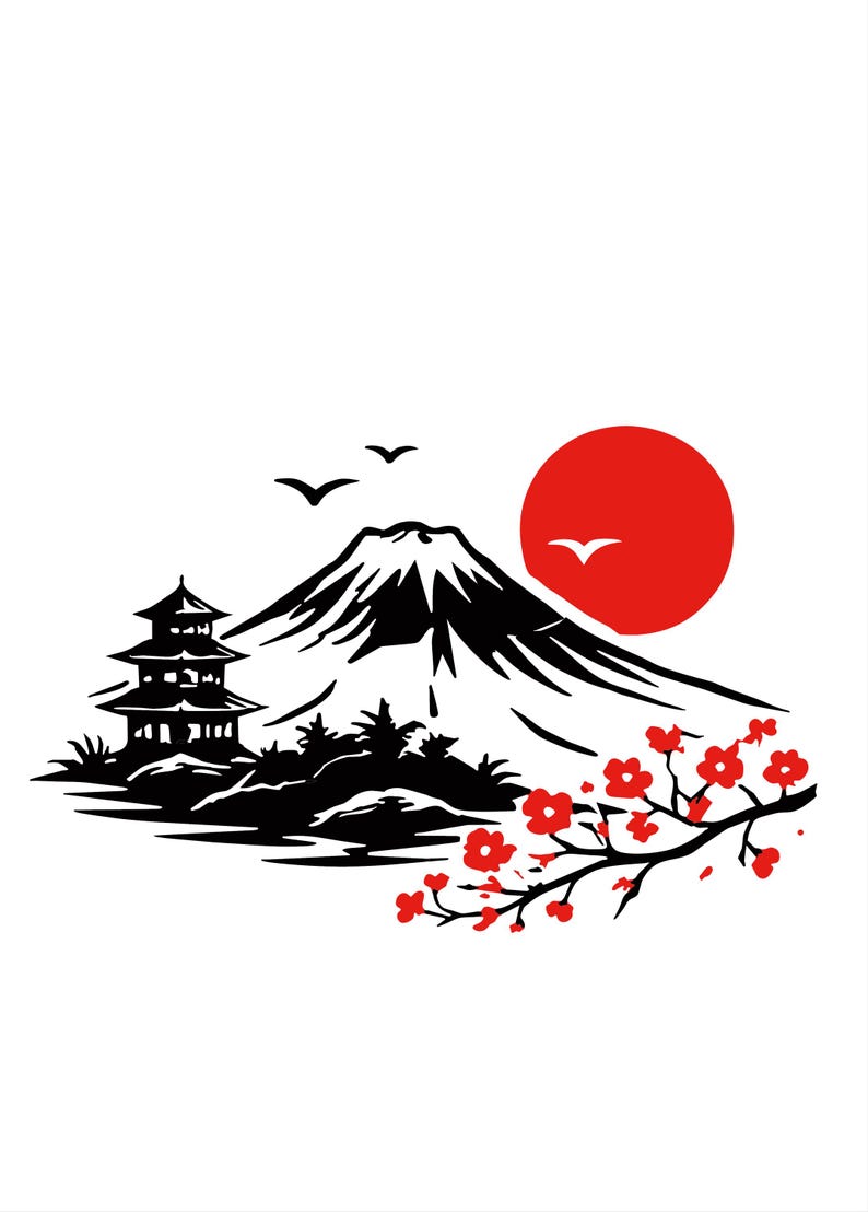 Mount Fuji SVG PNG Japanese Landscape Red Sun Sakura Pagoda Minimal ...