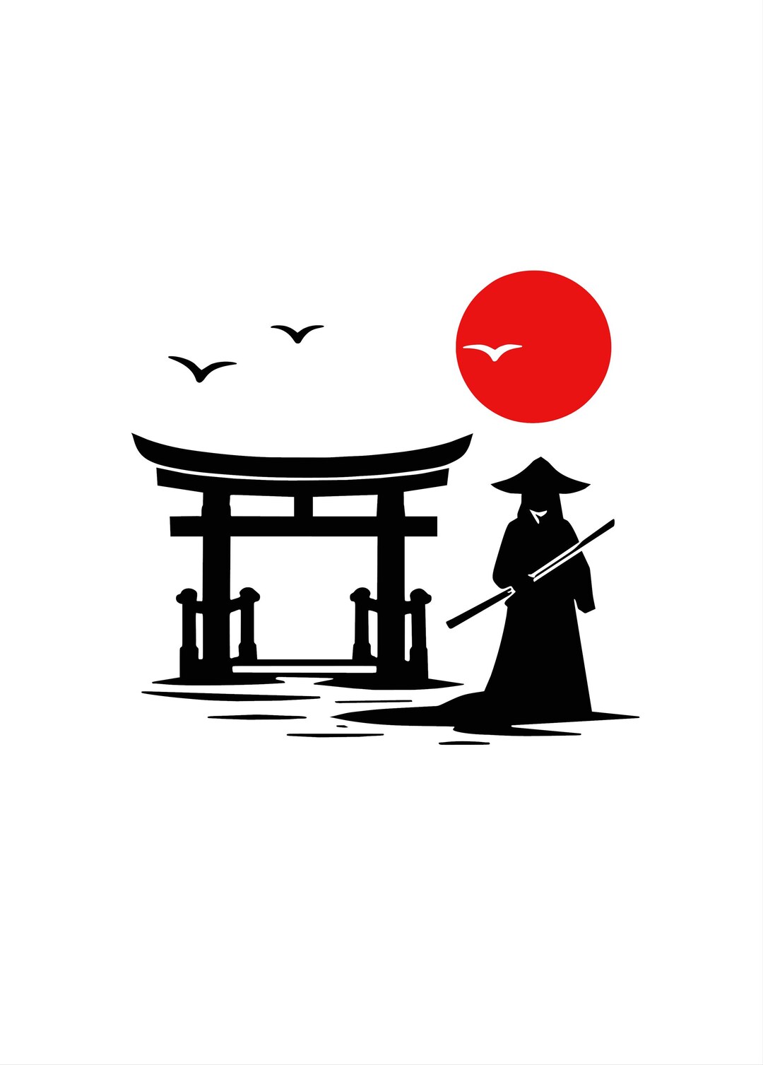 Samurai Torii Gate Art Print: Zen Japanese Warrior, Red Sun (digital ...