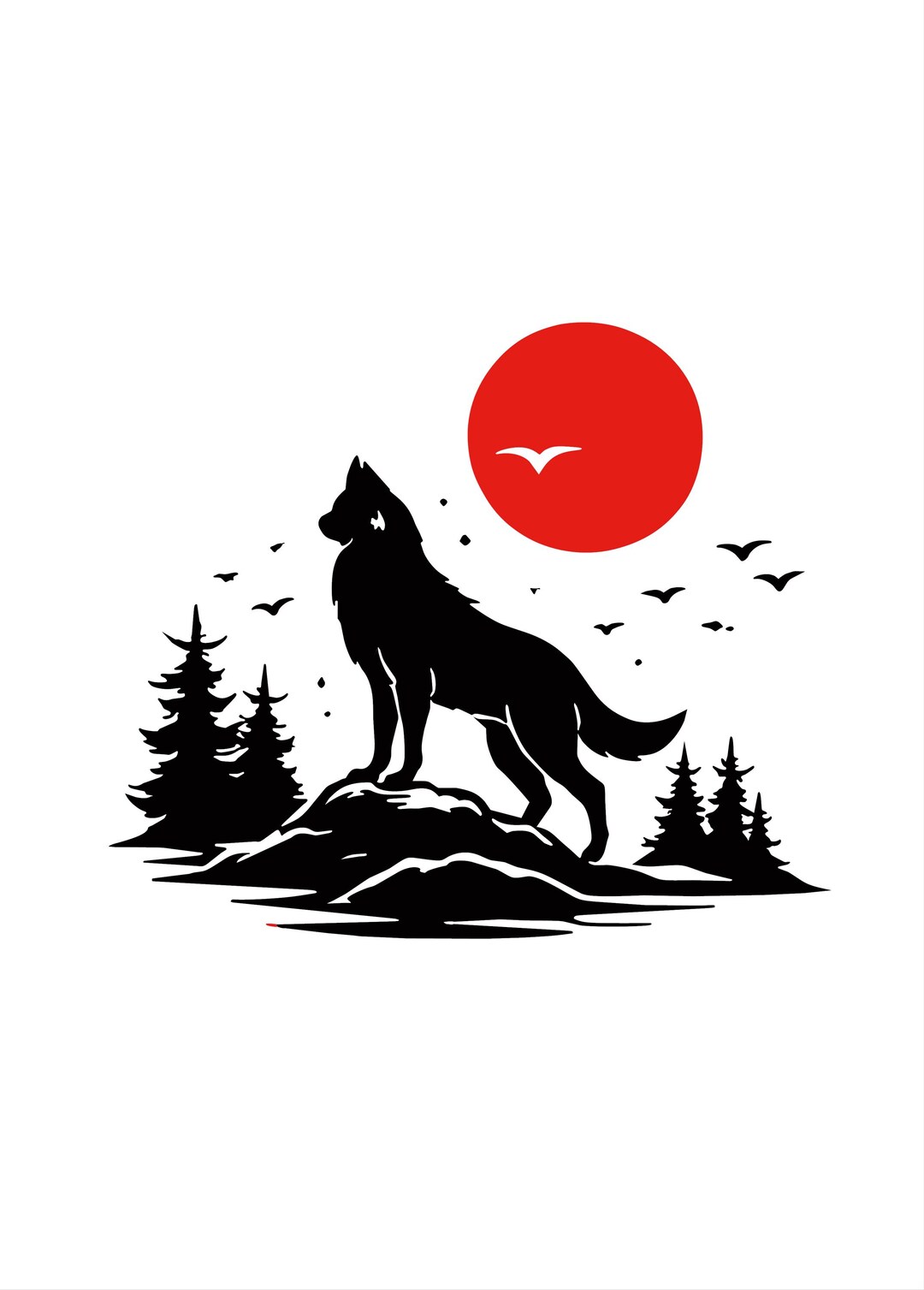 Wolf Silhouette SVG PNG Red Sun Japanese Nature Art Minimalist Wolf ...
