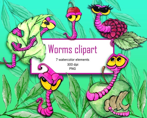 Watercolor Worm Clip Art PNG Cute Cartoon Instant Download | Etsy