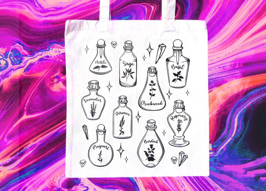 Herb Potion Bottle Tote Bag Organic Cotton, Green Witch, Herbalism ...