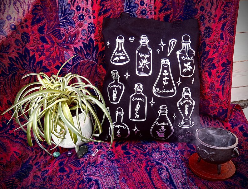 Herb Potion Bottle Tote Bag Organic Cotton, Green Witch, Herbalism ...