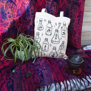 Herb Potion Bottle Tote Bag Organic Cotton, Green Witch, Herbalism ...