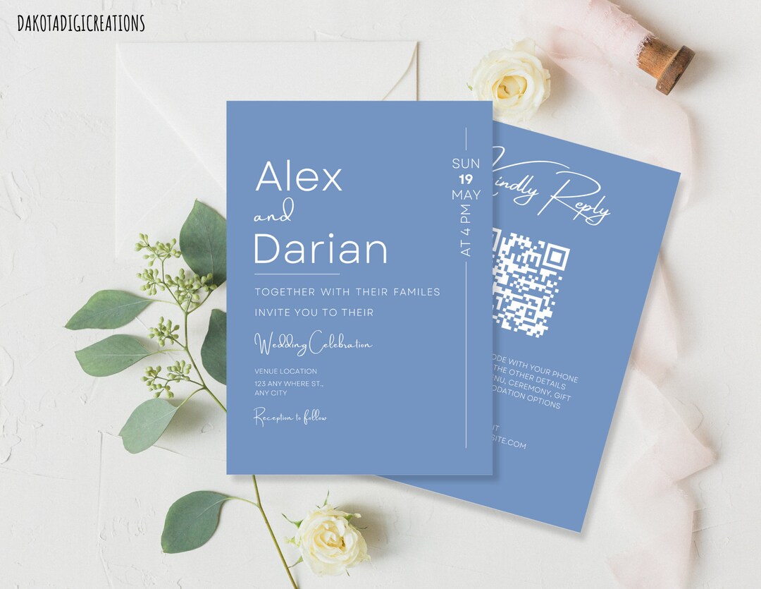 Wedding Invitation Template Bundle, Wedding Invite Minimalistic Blue QR ...