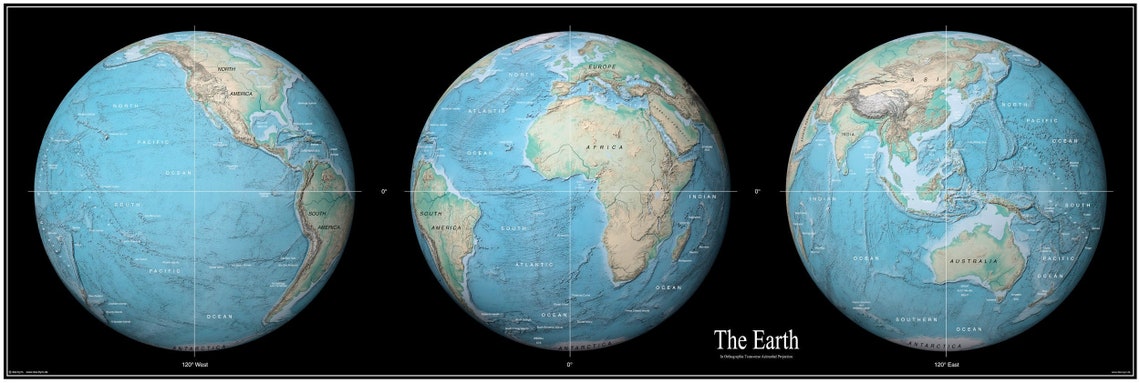 World Map the Earth in Orthographic Transverse Azimuthal Projection - Etsy