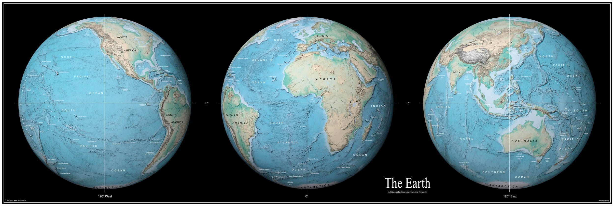 World Map the Earth in Orthographic Transverse Azimuthal Projection - Etsy